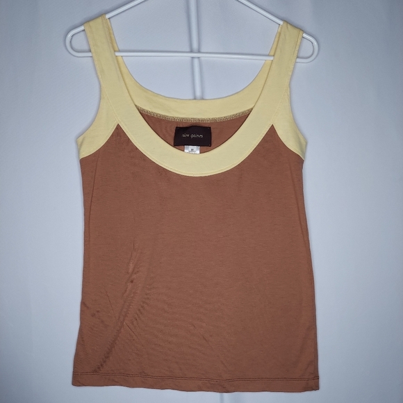 Alex Gaines | Tops | Alex Gaines Tank Top Medium Brown Cashmere Cotton Yellow Contrast Trim ...